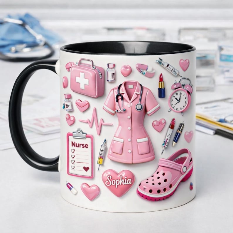 Nurse Life Mug, Cute Medical Icons Design, Personalized Accent Coffee ...