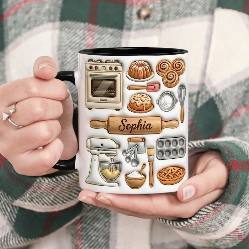 Baking Accent Mug, Custom Name Love Cakes Coffee Mug, Bakery 2D Flat ...