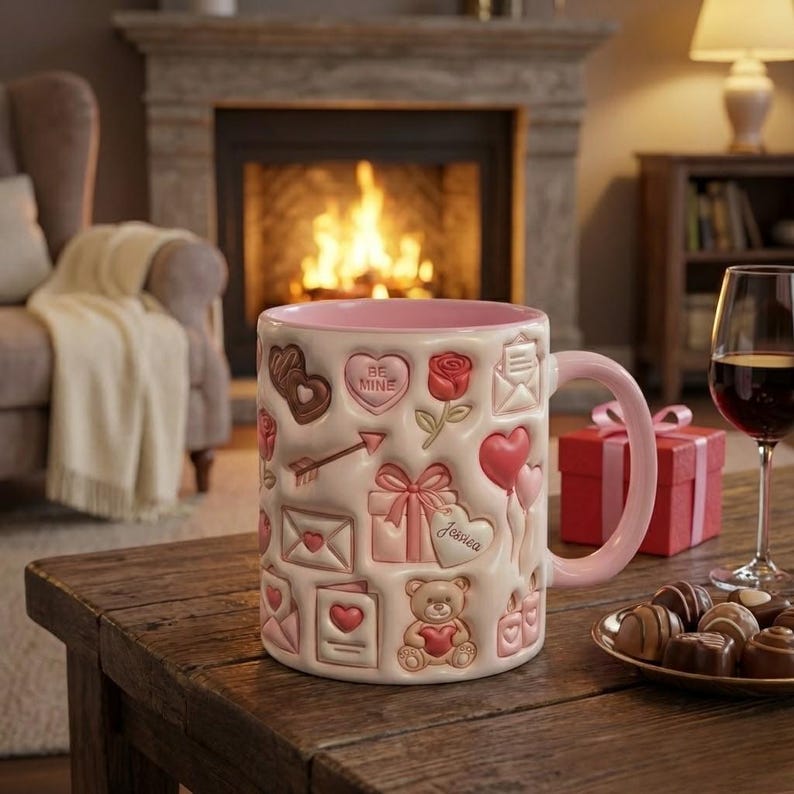 Personalized Love Pattern Ceramic Mug, Valentine Coffee Cup, Romantic ...