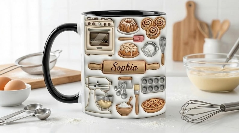 Baking Accent Mug, Custom Name Love Cakes Coffee Mug, Bakery 2D Flat ...