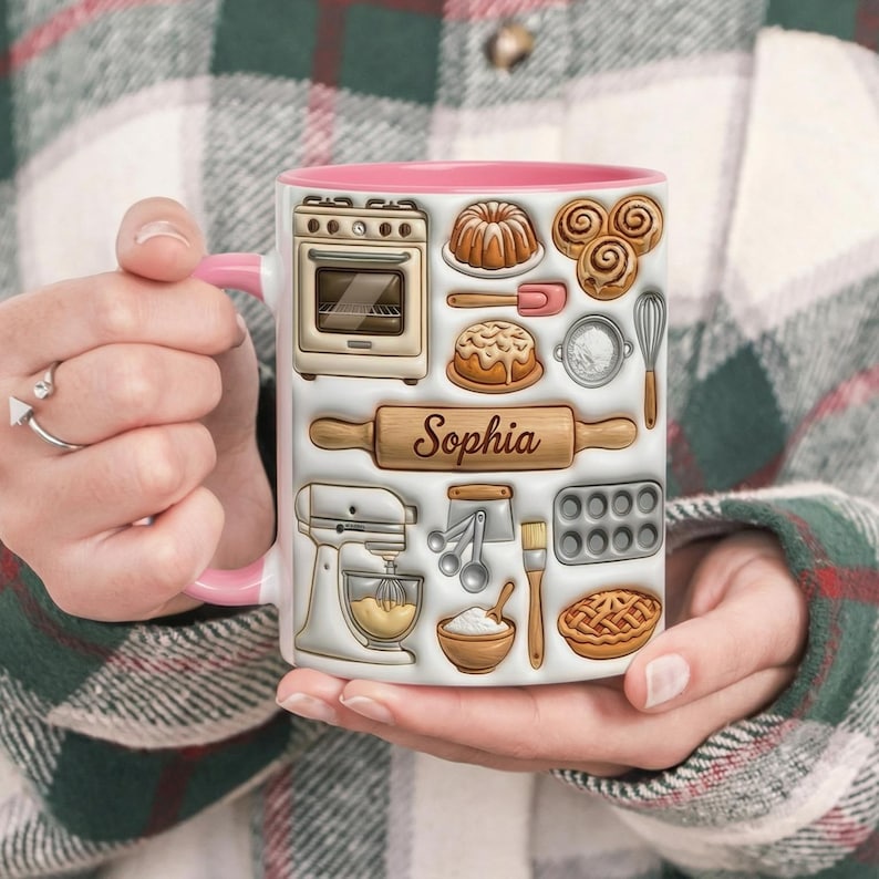 Baking Accent Mug, Custom Name Love Cakes Coffee Mug, Bakery 2D Flat ...