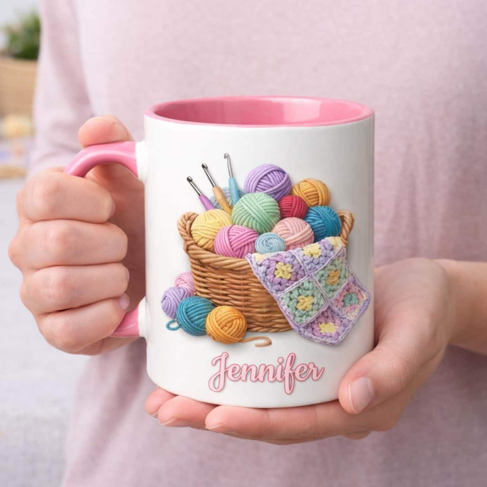 Personalized Knitting Mug, Cozy Crochet Coffee Cup, Pink Handmade Style ...