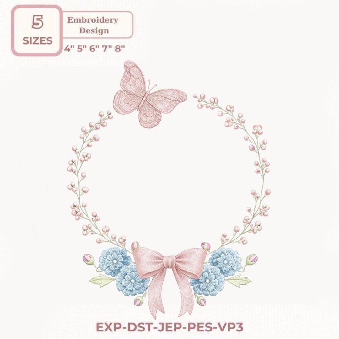 Floral Wreath Embroidery Design, Butterfly & Hydrangea Frame, Vintage ...