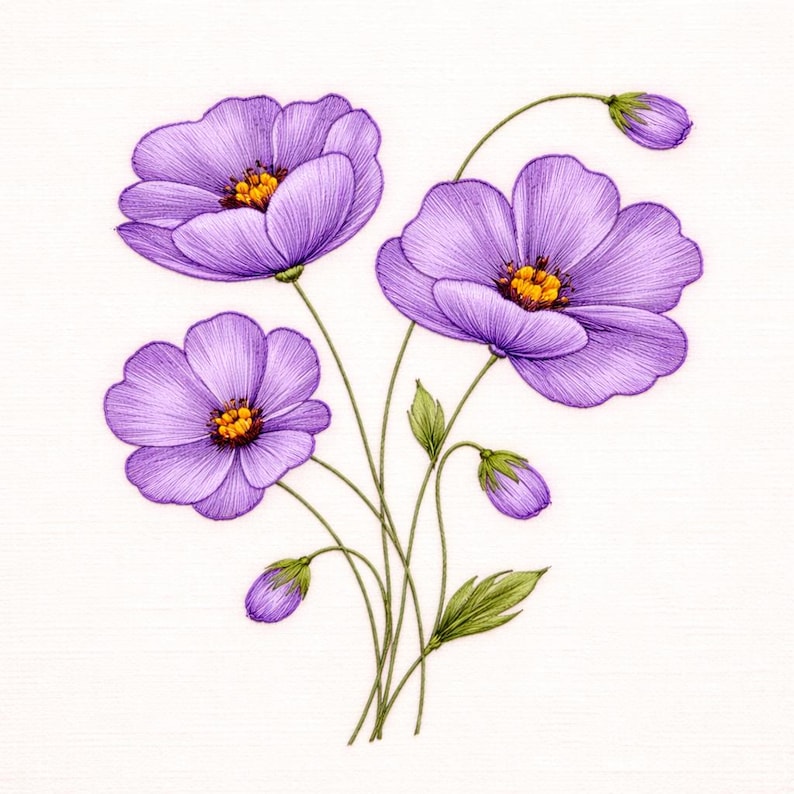 Purple Poppy Embroidery Design, Floral Satin Fill Stitch Pattern ...