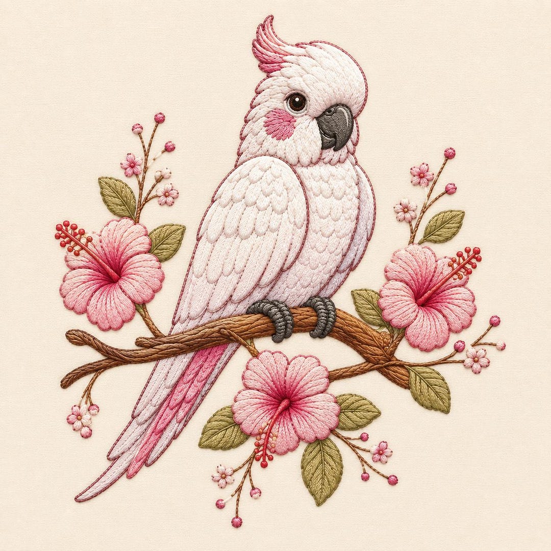 Pink Cockatoo Embroidery Design, Tropical Parrot Floral Machine ...