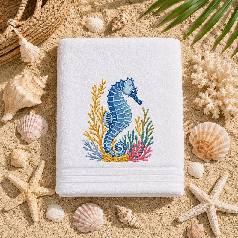 Seahorse Embroidery Design, Ocean Coral Reef Pattern, Coastal Marine ...