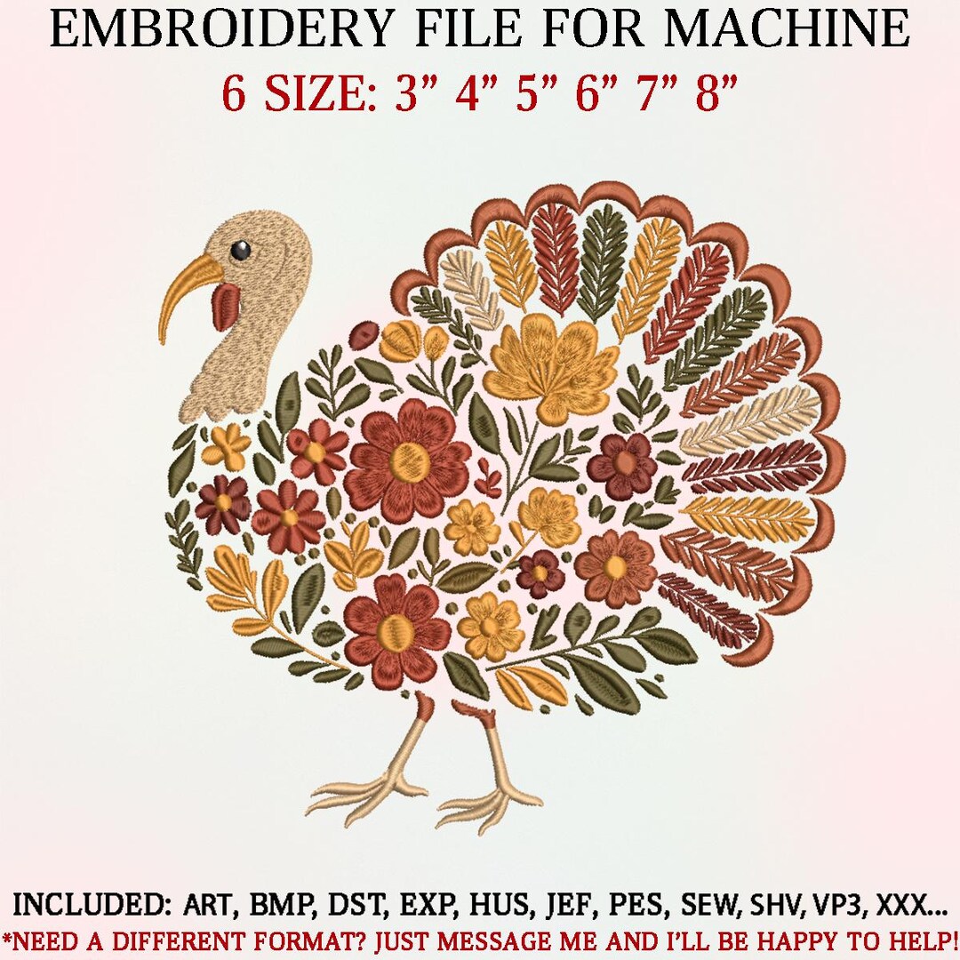 Floral Turkey Embroidery Design, Thanksgiving Machine Embroidery, PES ...