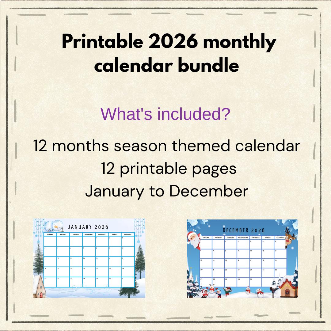 2026 Monthly Calendar Bundle, Minimal Printable 2026 Planner for Kids ...