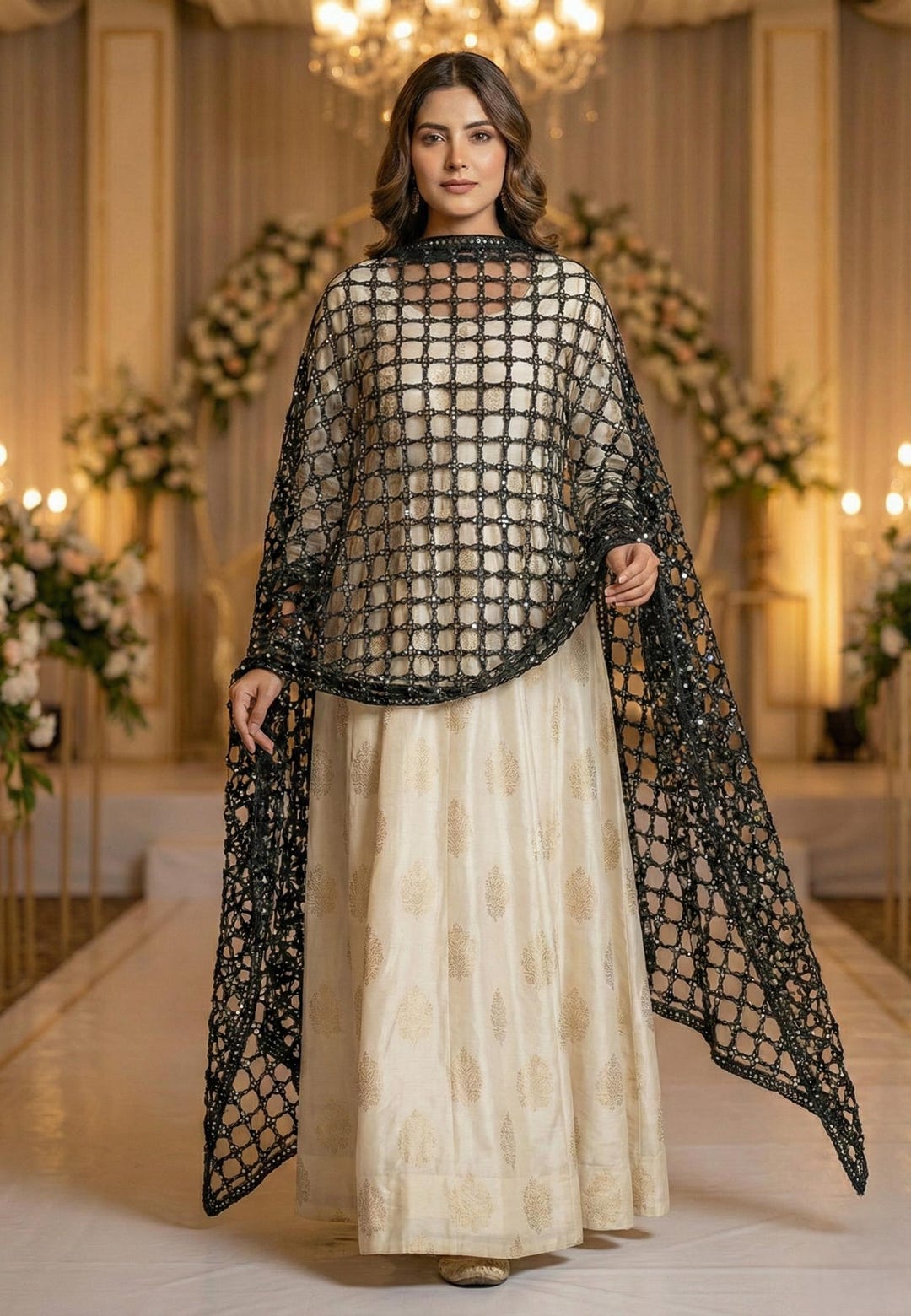 Handmade Dupatta Black Mirror Jaal Wedding Scarf, Bridal Veil for Women ...