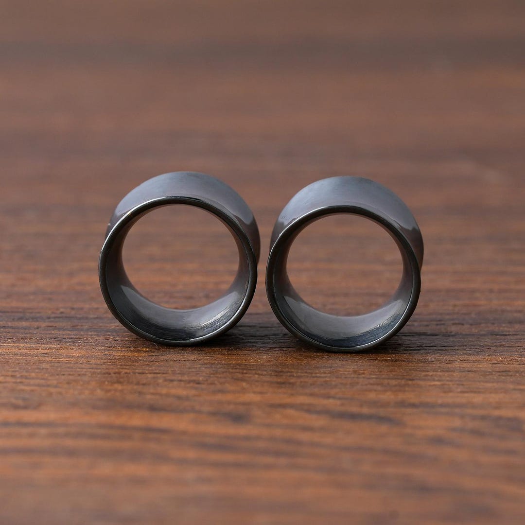 Pair of 925 Shiny Sterling Silver Tunnels Plugs, Black Double Flare ...