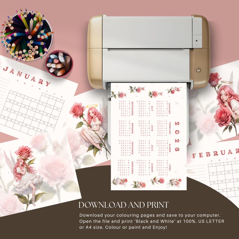 Angel & Roses Wall Calendar 2026 Printable | Fairy Angel Floral Pink ...