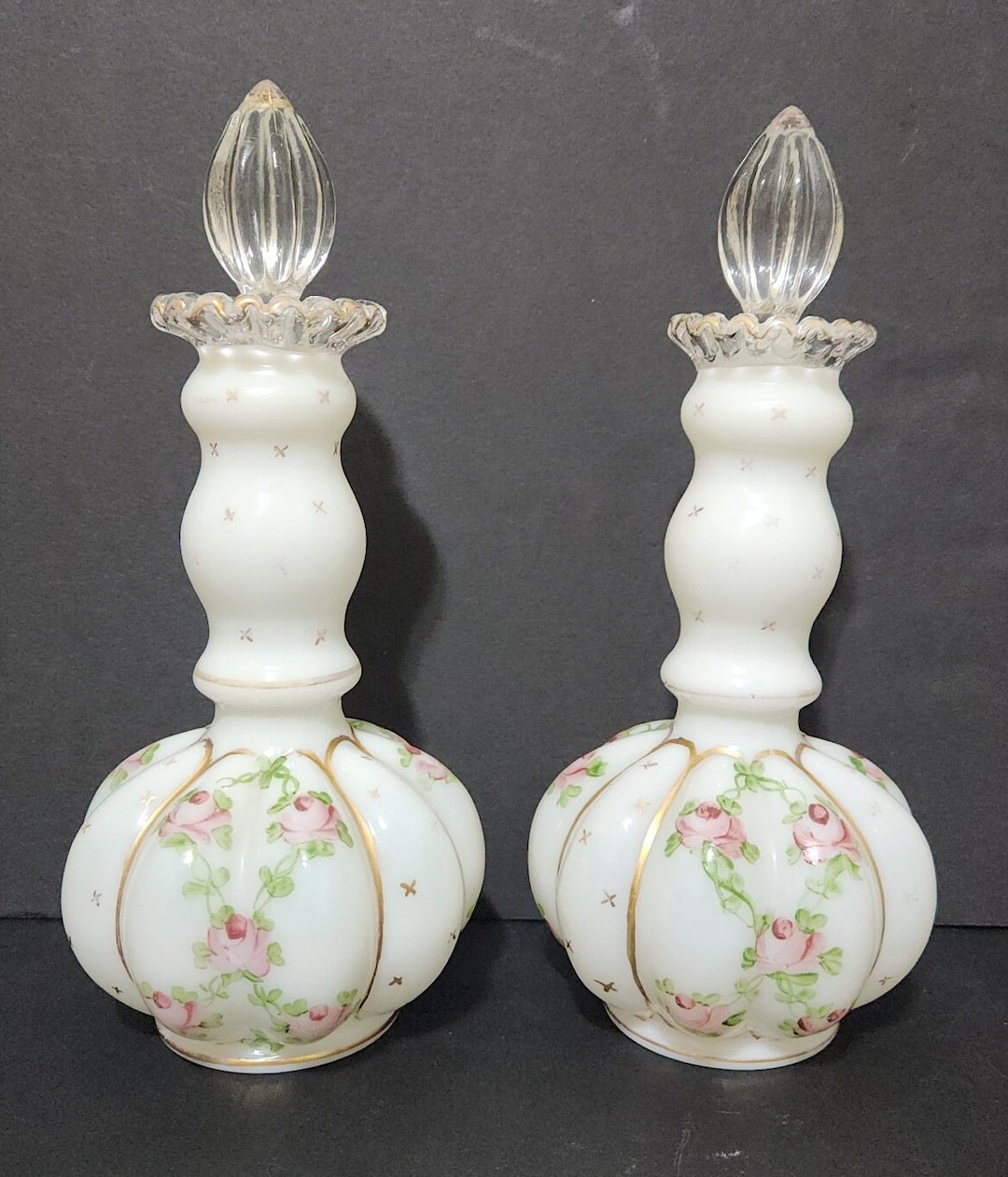 Rare Fenton Charleton AWCO Rose Melon Perfume Cologne Bottles 9" T - Etsy