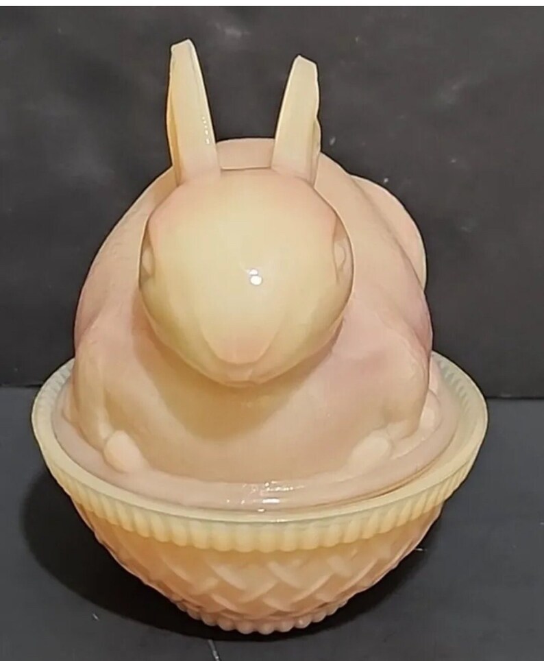 Fenton Glass Shiny Burmese Uranium Easter Bunny Rabbit Nest Dish RARE ...