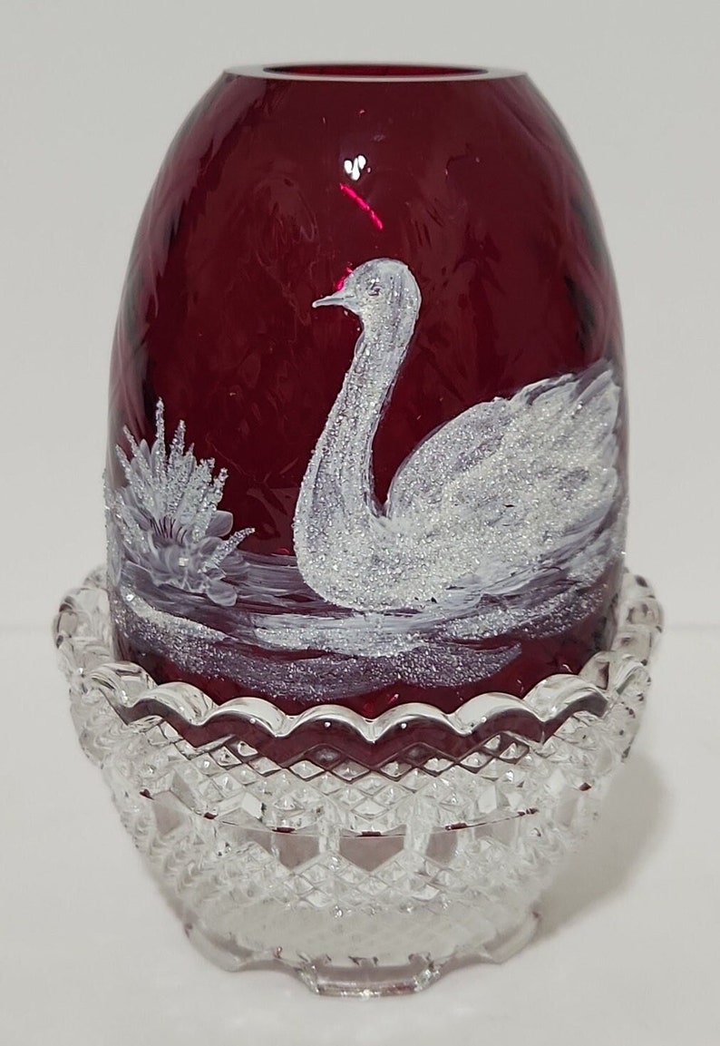 FENTON Louise Piper Swan OOAK Signed Ruby Red Diamond Optic Fairy Light ...
