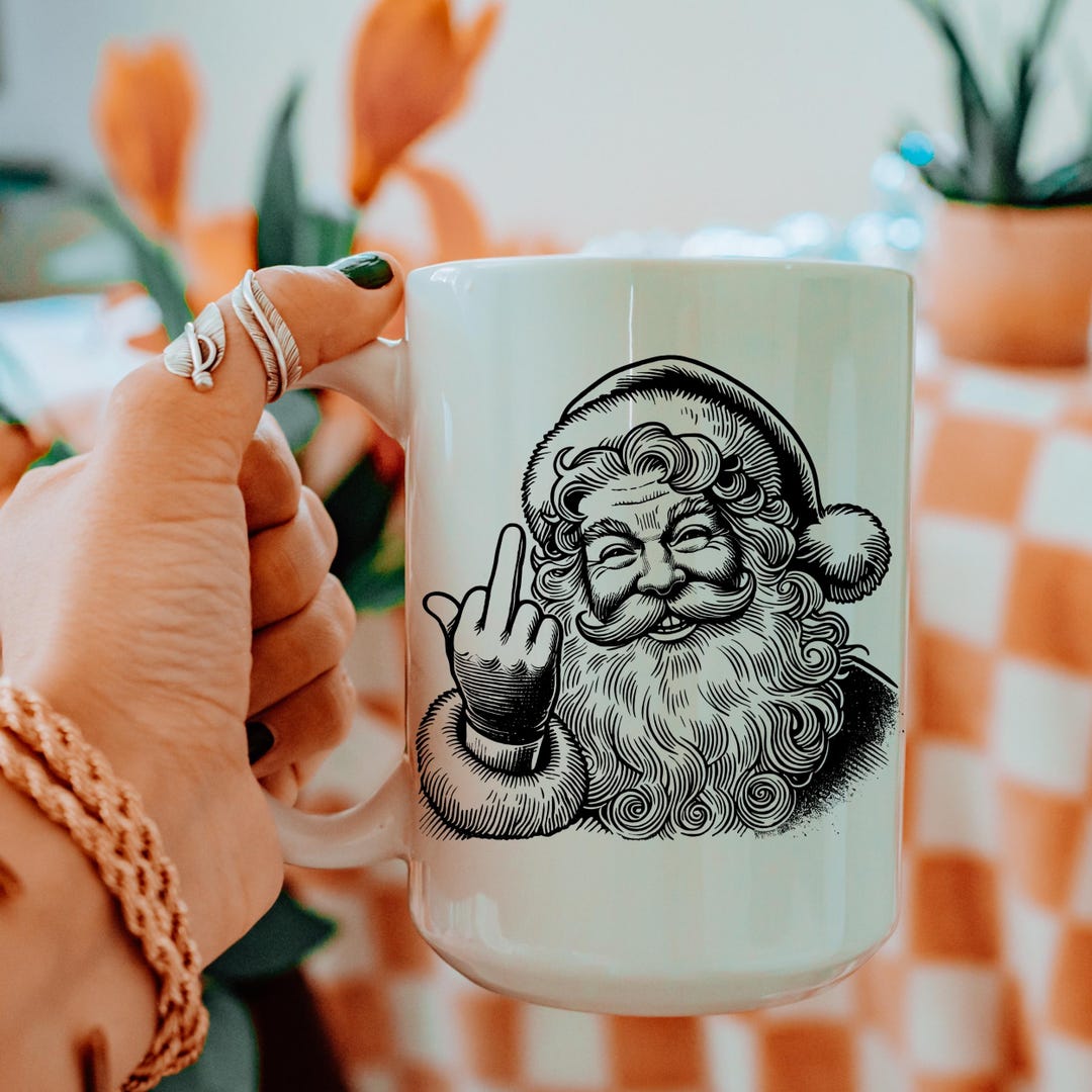 Funny Christmas Mug Santa Middle Finger, Rude Santa Coffee Cup, Naughty ...