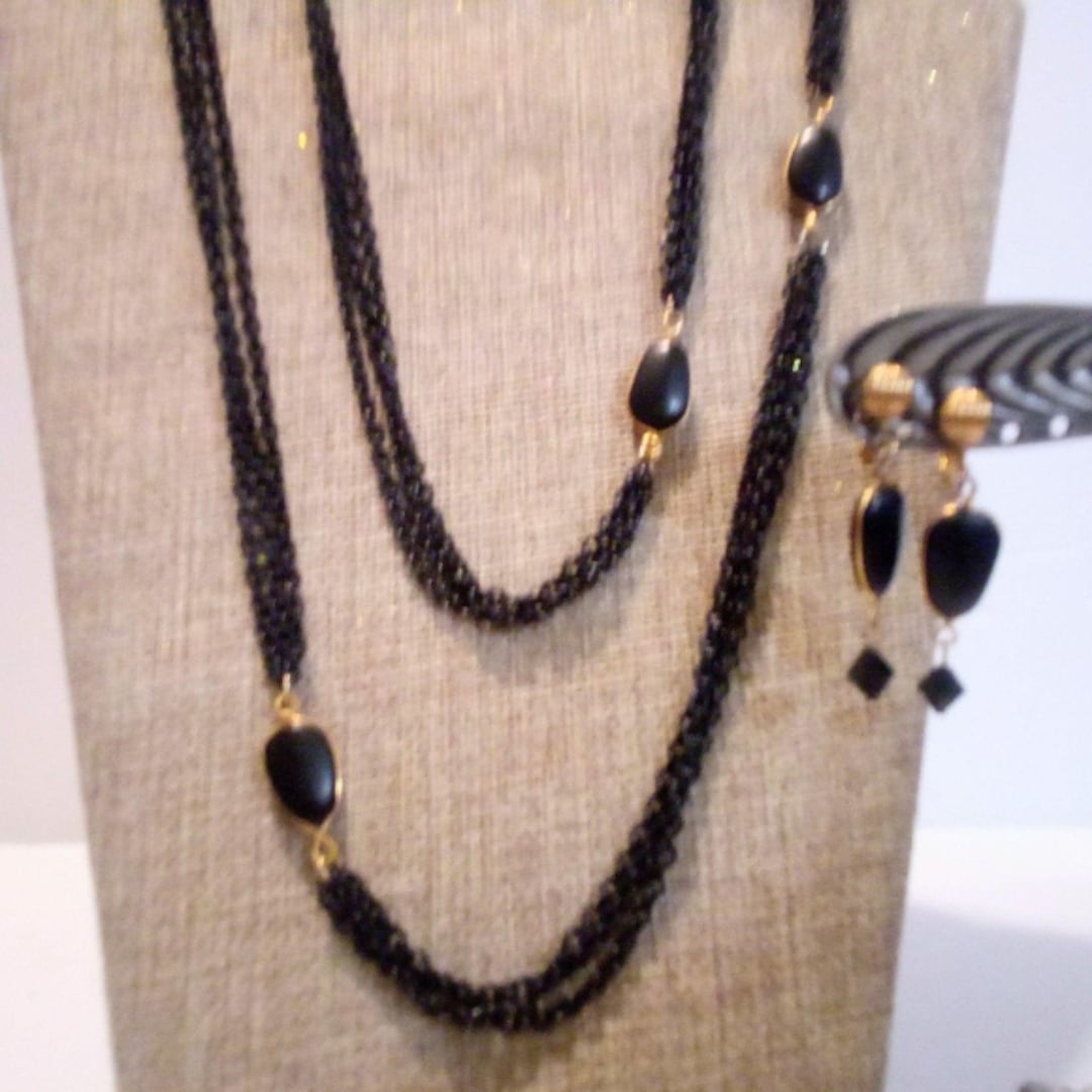 Vintage Signed Lisa Long Multi Strand Black Beaded Necklace Drop ...
