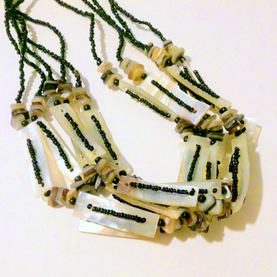 Black Seed Bead Mother of Pearl Multi Strand Beaded N… - Gem