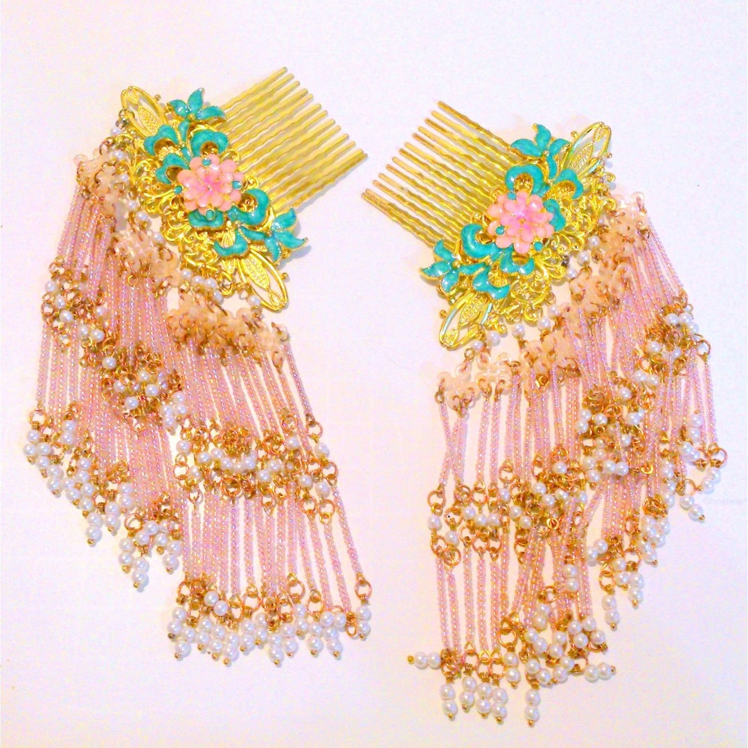 Pair of Stunning Vintage Beaded Fringe Cloisonne Enamel Hair Combs - Etsy