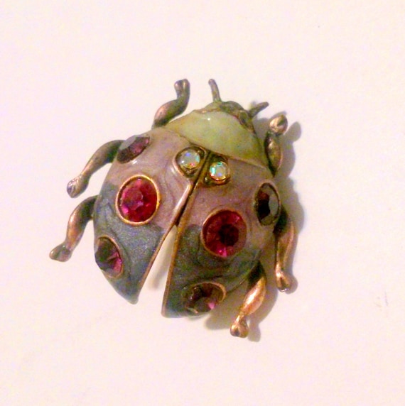 Vintage Enamel and Rhinestone Ladybug Brooch - Gem