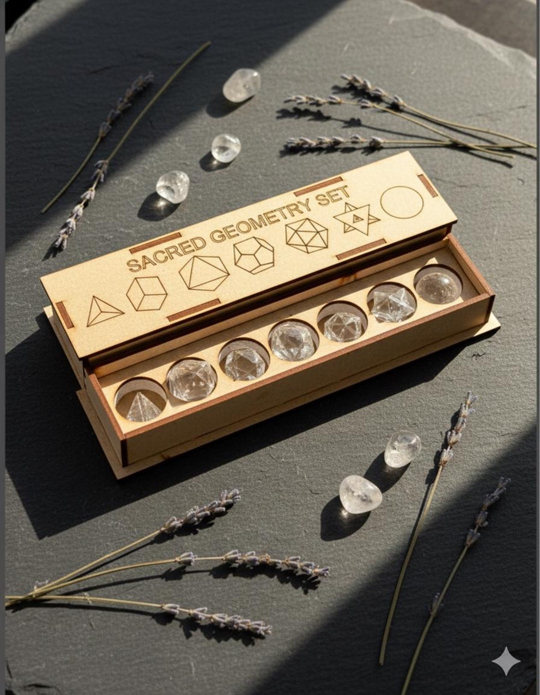Sacred Geometry Crystal Set – Clear Quartz Platonic Solids in Engraved ...