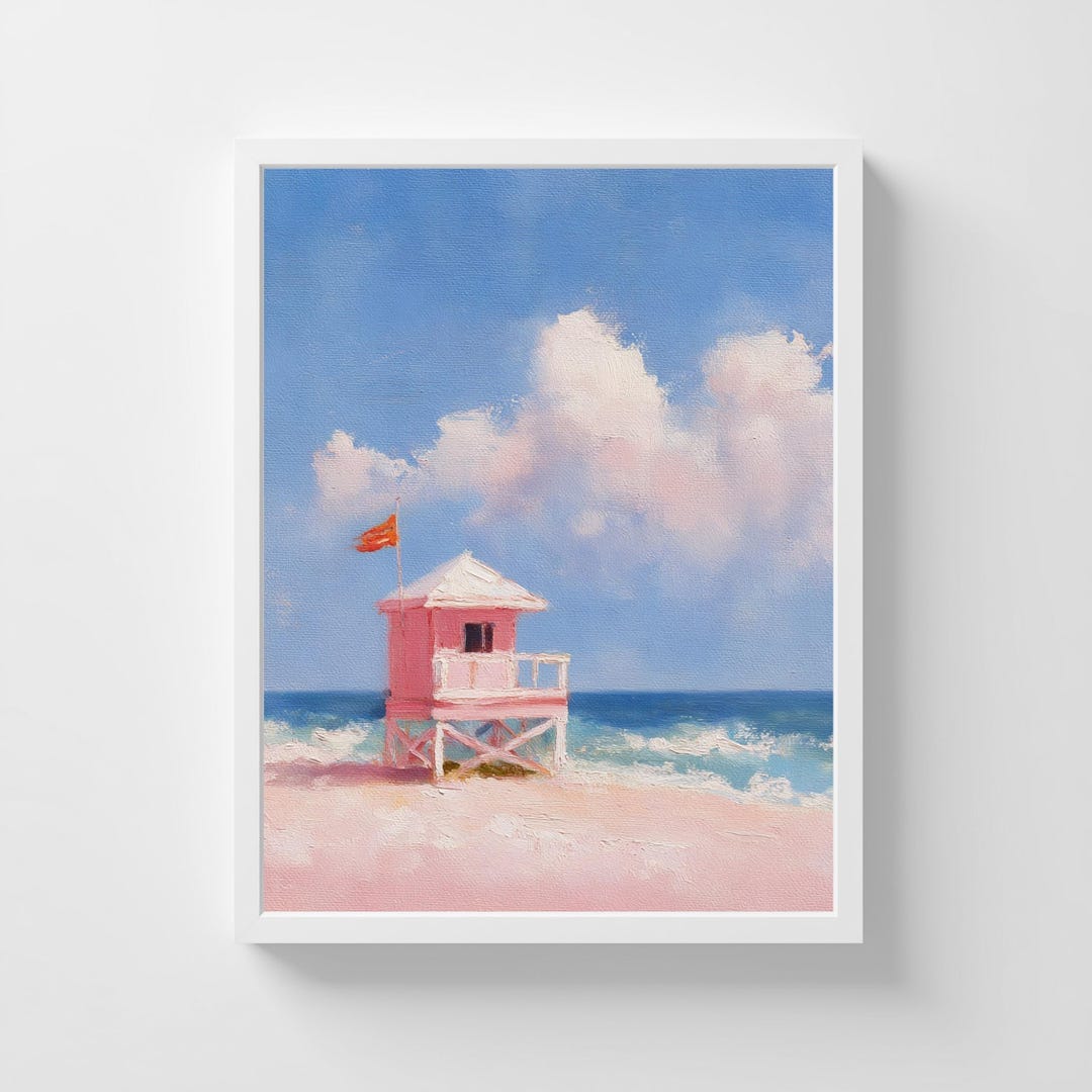 Pink Lifeguard Tower by the Sea, Pastel Coastal Wall Art (digital ...