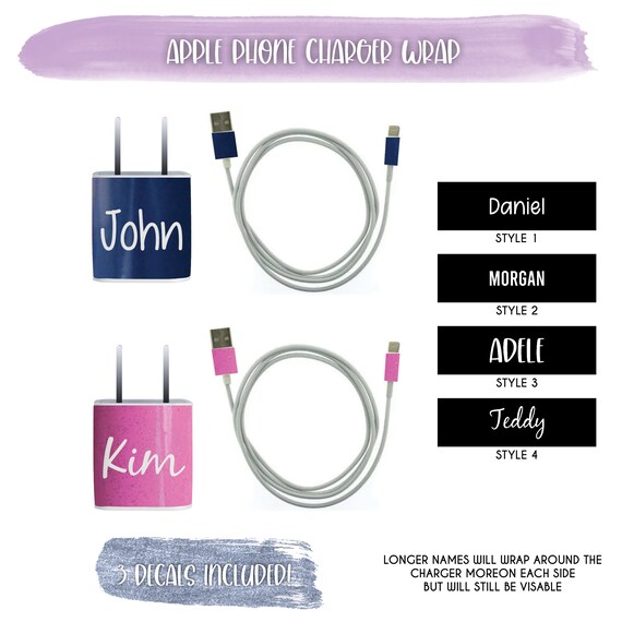 IPhone Apple Charger Wrap with Name solid glitter | Etsy