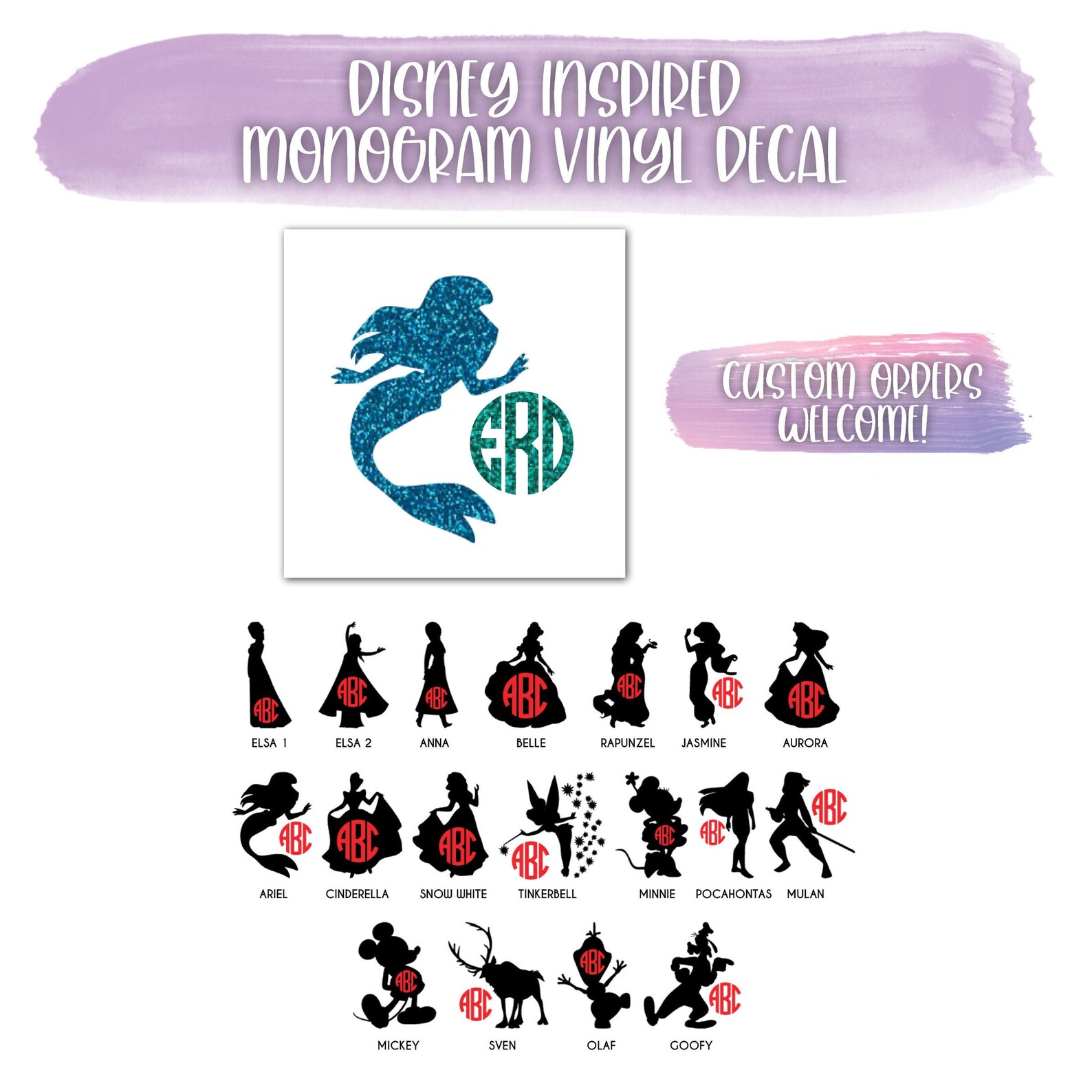 Disney Inspired Princess Monogram Vinyl Decal Solid - Etsy