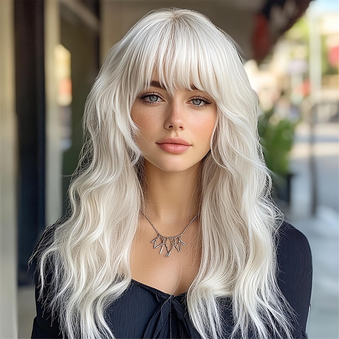 26 Inch Ivory White Blonde Wig With Air Bangs | Light Breathable and ...