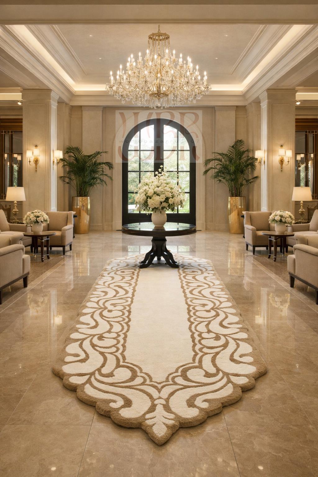 Luxury Beige Gold Baroque Border Hallway Runner Rug Custom Cut ...