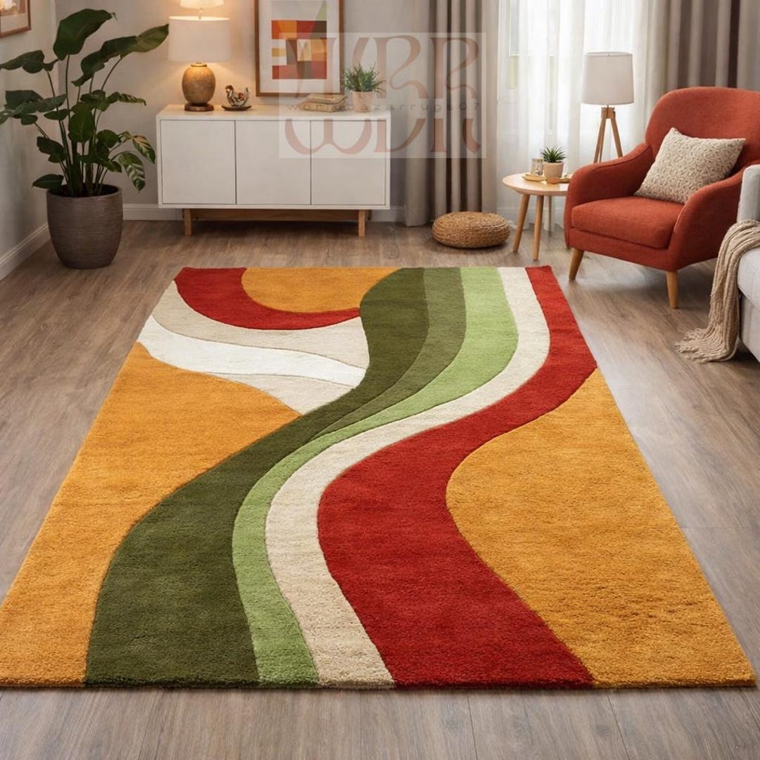 Modern Abstract Wave Design Area Rug – Multicolor Contemporary Carpet ...