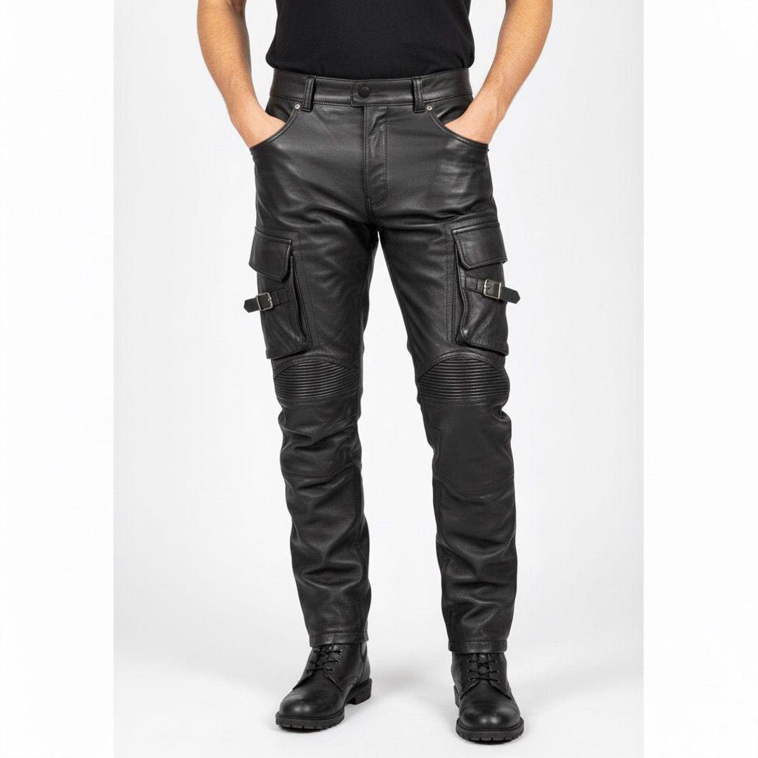 Men’s Moto Cargo Leather Pants | Distressed Look, Ribbed Knee Panels ...