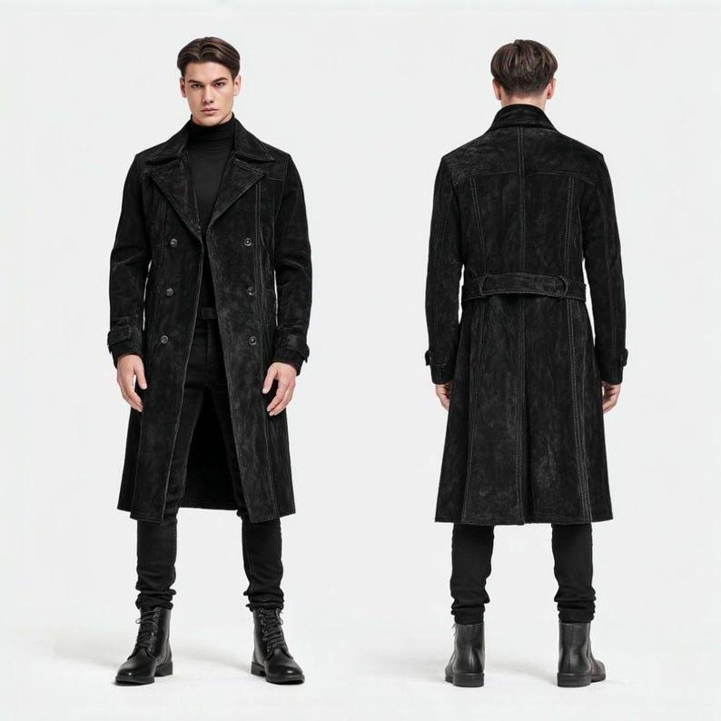 Vintage Black Suede Leather Trench Coat – Classic Men’s Long Overcoat ...
