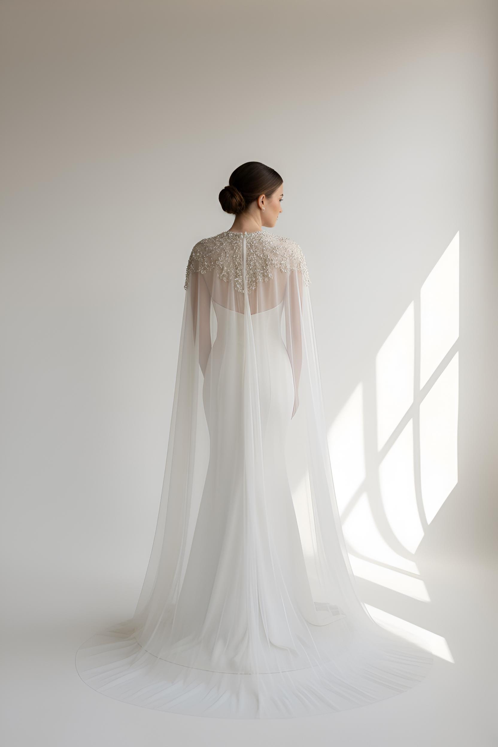 Bridal Cape With Beaded Shoulders: Long Tulle Detachable Veil Cape - Etsy