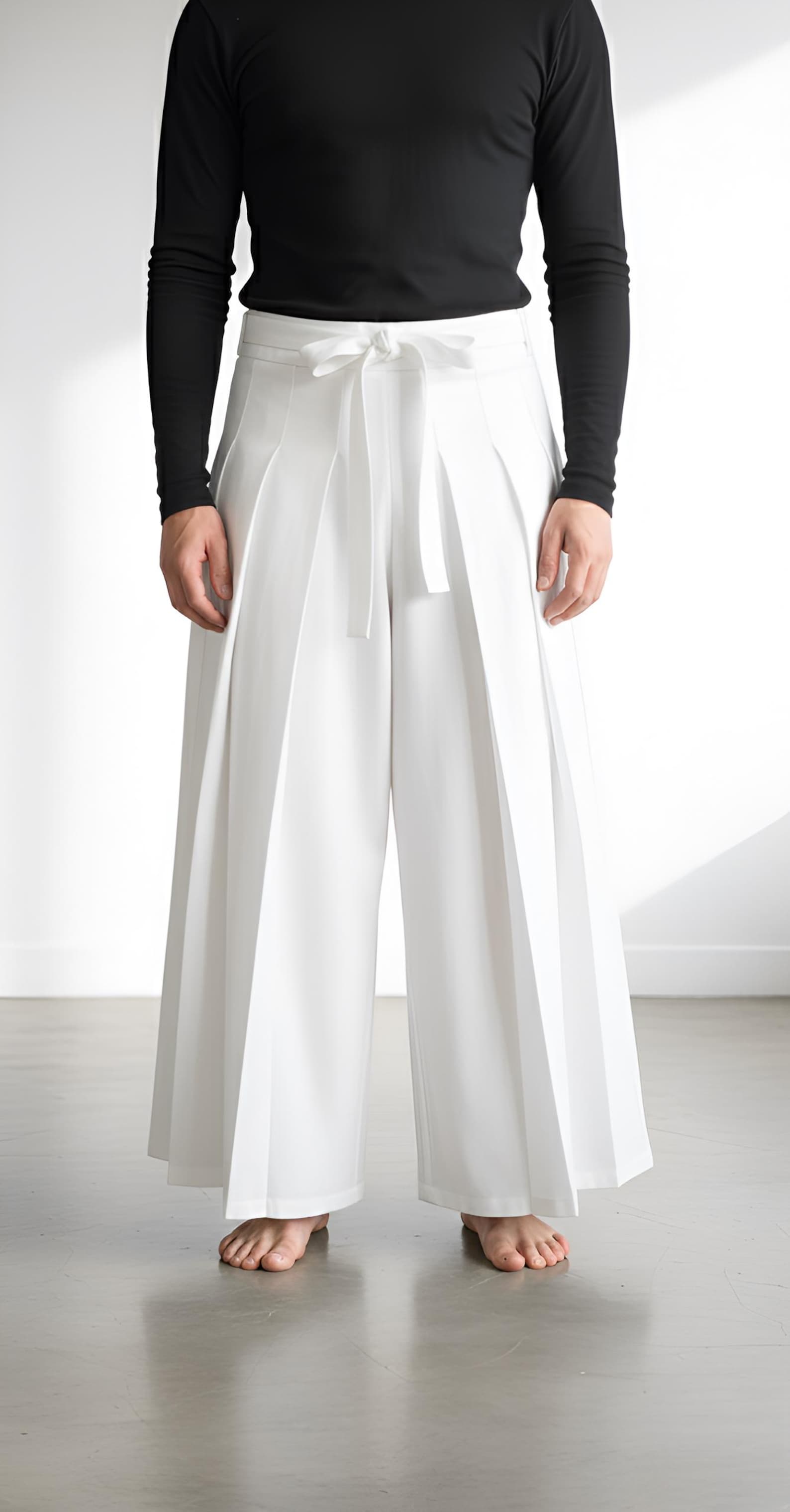 Men’s Samurai Hakama Pants Japanese Wide Leg Trousers Black Pleated ...