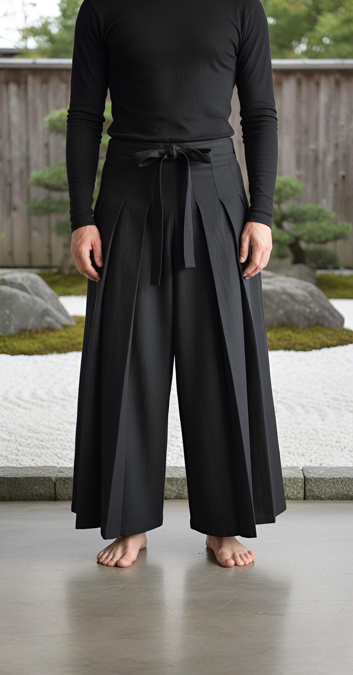 Men’s Samurai Hakama Pants Japanese Wide Leg Trousers Black Pleated ...