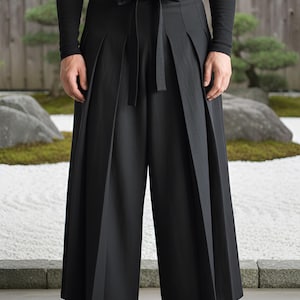 Men’s Samurai Hakama Pants Japanese Wide Leg Trousers Black Pleated ...