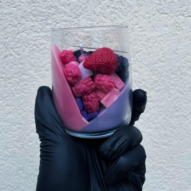Handmade Purple-pink Glass Candle – Strawberry Raspberry Topping, Soy ...