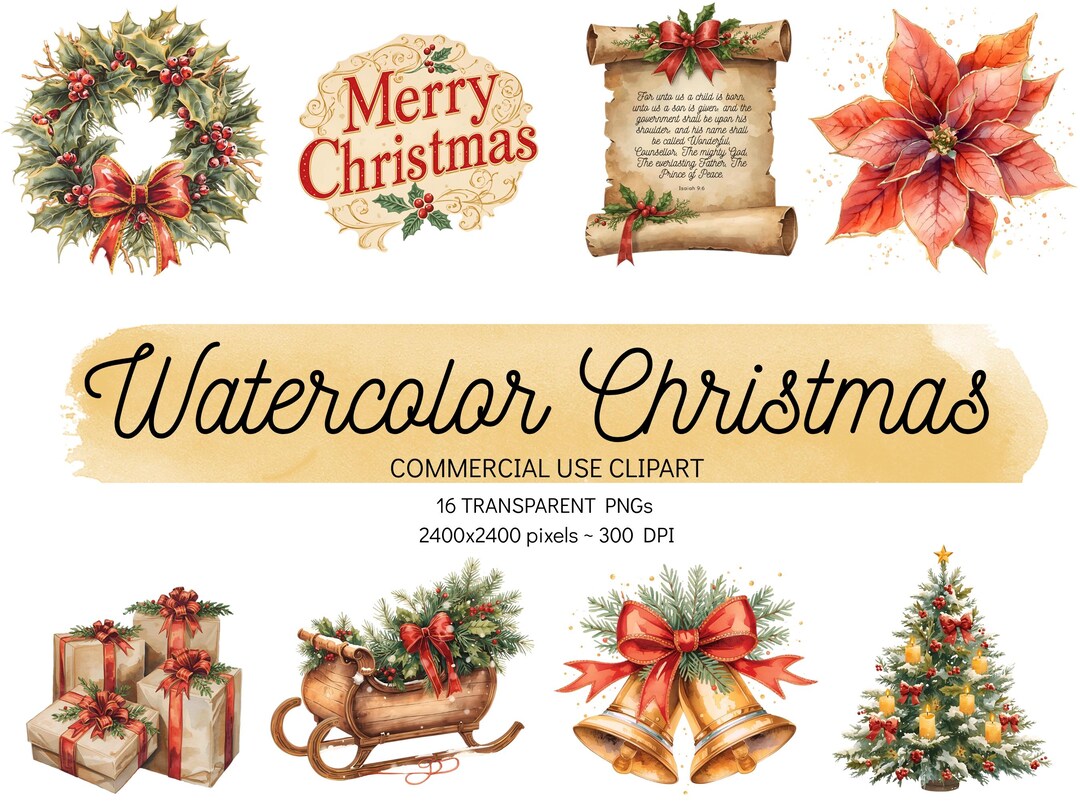 Watercolor Christmas Clip Art, Vintage Digital Pintables, Traditional ...