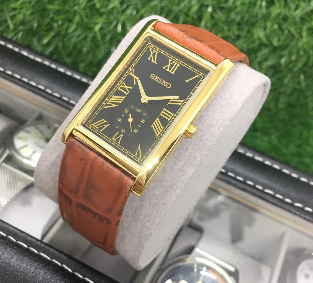Vintage Seiko Tank Side Second Quartz Golden Black Dial Tan Coloured ...