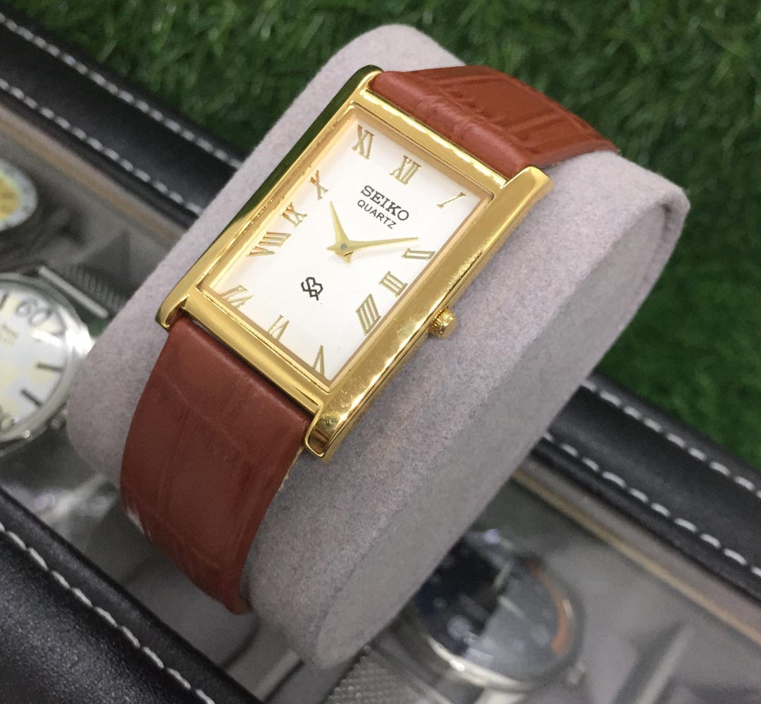 Vintage Seiko Tank SQ Quartz White Dial Tan Coloured Leather Strap ...