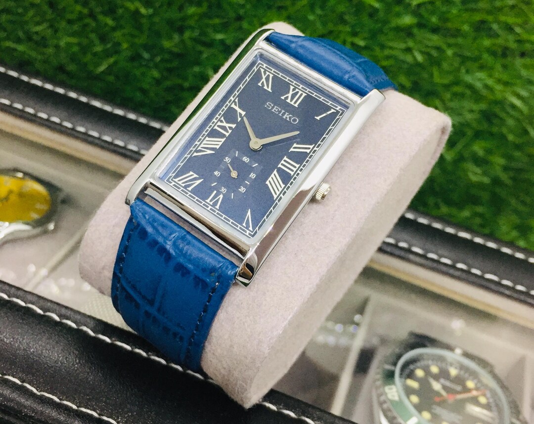 Vintage Seiko Tank Side Second Watch: Blue Roman Dial, Blue Leather ...