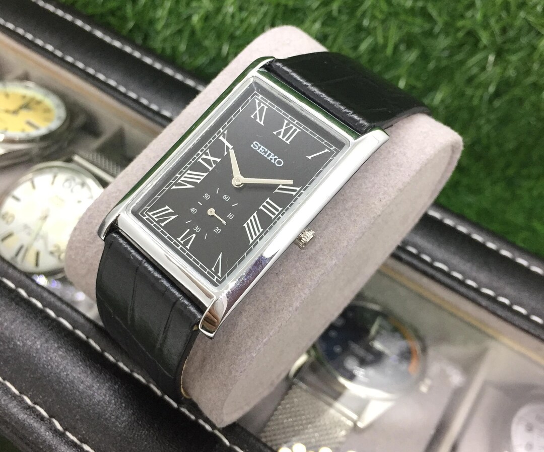 Vintage Seiko Tank Side Second Quartz Black Dial Black Coloured Leather ...