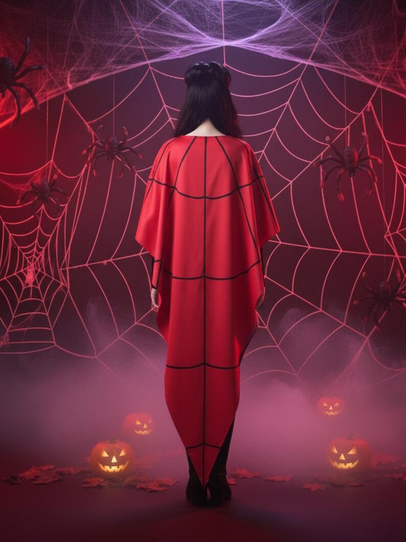 Gothic Spider Web Red Poncho Halloween Costume Dark Witchy Party Outfit ...