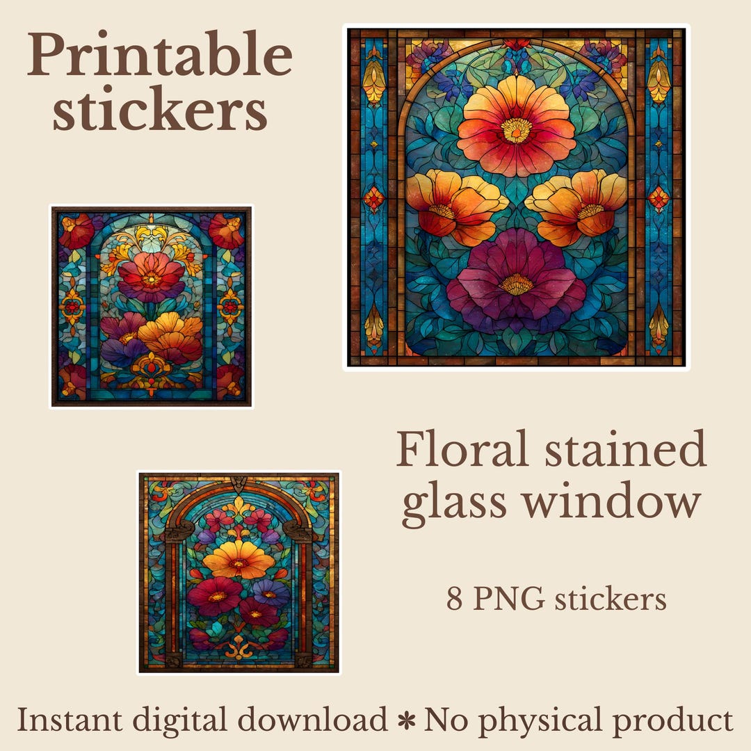 Floral Stained Glass Window Printable Stickers - Botanical Glass Art ...