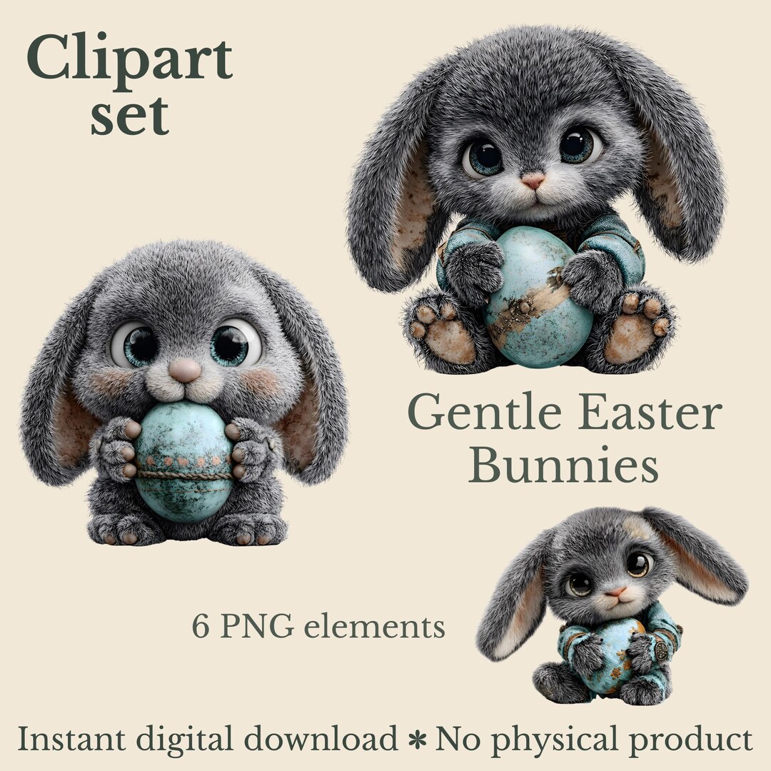 Gentle Easter Bunnies Clipart Set - Soft Spring Bunny - 6 PNG - Digital ...