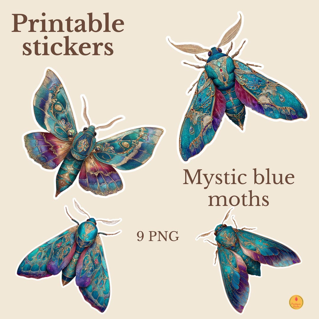 Mystic Blue Moths Printable Stickers - Magical Moth Illustrations - 9 ...
