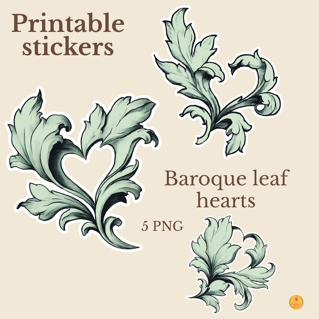 Baroque Leaf Hearts Printable Stickers – Ornamental Foliage Heart ...
