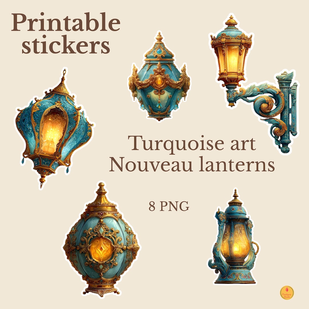 Turquoise Art Nouveau Lanterns Printable Stickers – Ornate Vintage ...