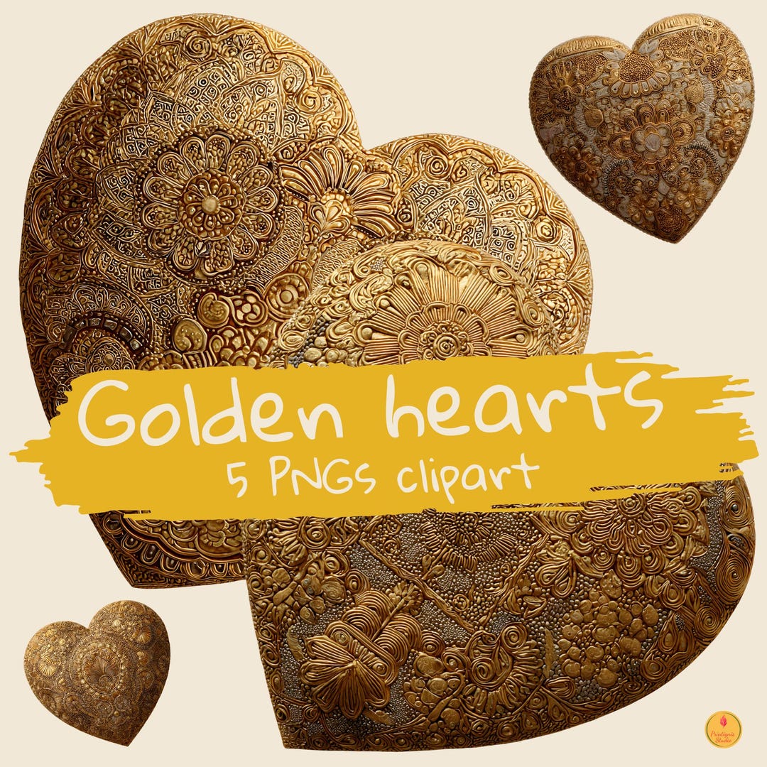 Valentine Hearts Clipart Set - Elegant Golden Ornaments Hearts - 5 PNG ...