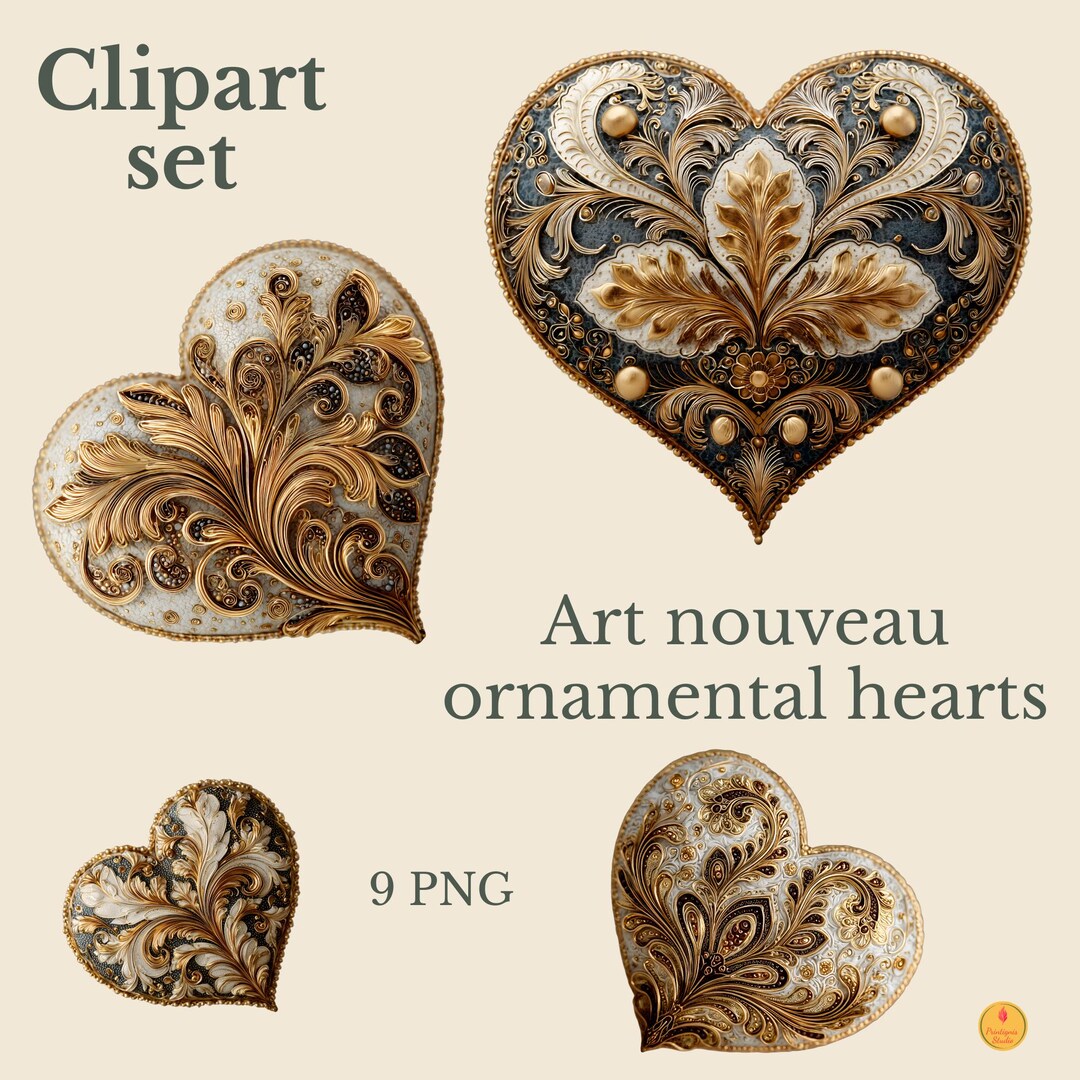 Art Nouveau Ornamental Hearts PNG Clipart Set – Vintage Decorative ...